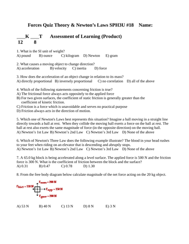 FORCES DYNAMICS QUIZ SPH3U Newtons laws, Inertia, Action Reaction, Net ...