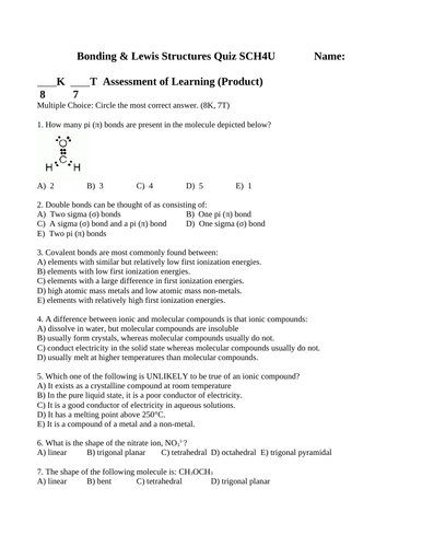 3 COVALENT BONDING QUIZZES Grade 12 Chemistry, Lewis Structures, Shapes ...
