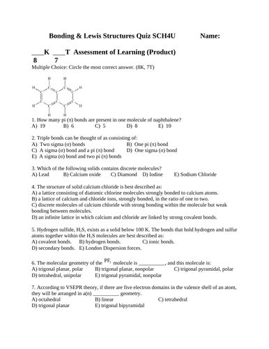 3 COVALENT BONDING QUIZZES Grade 12 Chemistry, Lewis Structures, Shapes ...