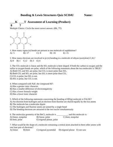 COVALENT BONDING & LEWIS STRUCTURES QUIZ Molecule Shapes VSEPR Bond ...