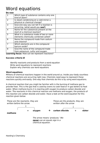 KS3 Word Equations Full Lesson Worksheet | Teaching Resources