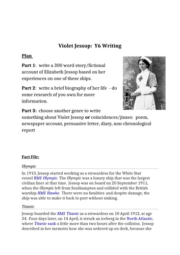 The Titanic: Violet Jessop (Y6 Writing) | Teaching Resources