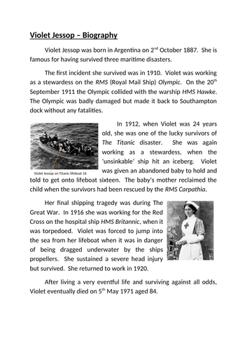 The Titanic: Violet Jessop (Y6 Writing) | Teaching Resources