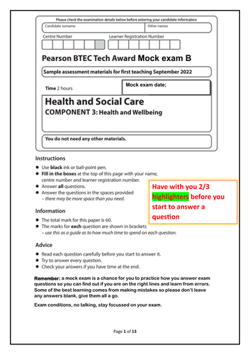 BTEC Tech Award Health & Social Care Component 3 mock exam B Chantelle/Stephen | Teaching Resources