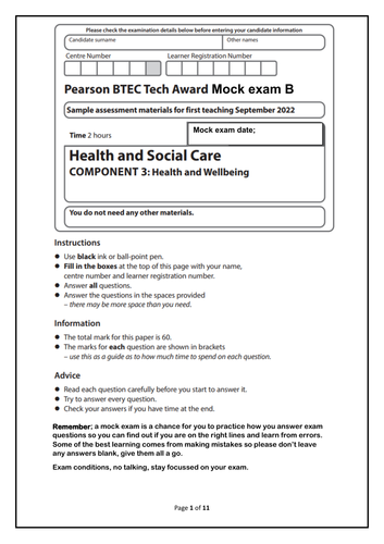 BTEC Tech Award Health & Social Care Component 3 mock exam B Chantelle ...