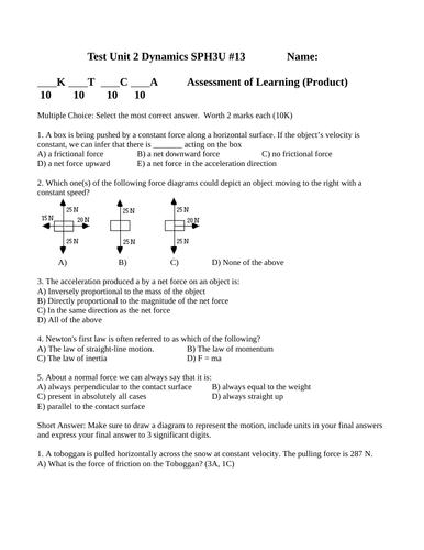 TEST FORCES Dynamics Physic Test Grade 11 Physics Forces Unit Test WITH ...