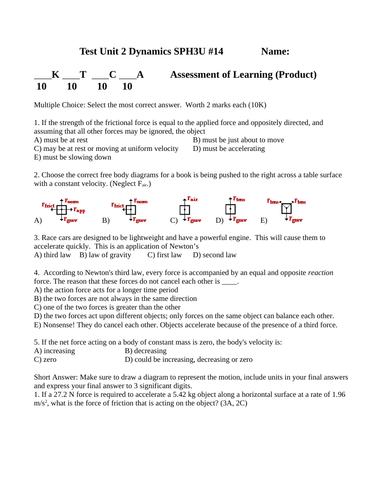 TEST DYNAMICS Forces Unit Test Grade 11 Physics Test WITH ANSWERS SPH3U ...