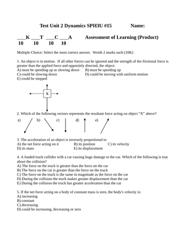 FORCES TEST Dynamics Test Grade 11 Physics Unit Test WITH ANSWERS SPH3U ...