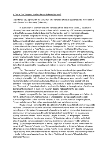 A Grade Student Example A-Level Literature The Tempest | Teaching Resources