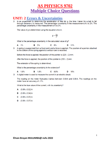 AS PHYSICS 9702: Errors & Uncertainty | Teaching Resources