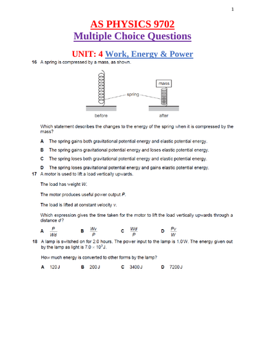 AS PHYSICS 9702: Work, Energy & Power | Teaching Resources