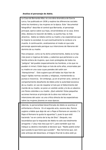 La Casa de Bernarda Alba model essay - Adela | Teaching Resources