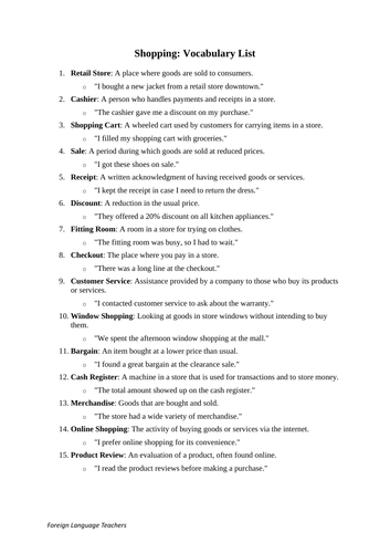 English for Shopping Thematic Vocabulary Pack | Teaching Resources