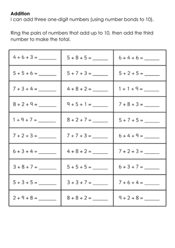 Addition to add three one-digit numbers (using number bonds to 10). | Teaching Resources