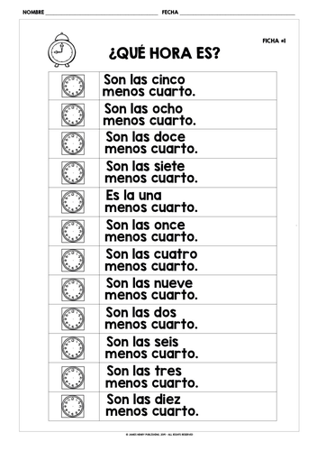 SPANISH TELLING TIME QUARTER TO WORKSHEETS FREEBIE | Teaching Resources