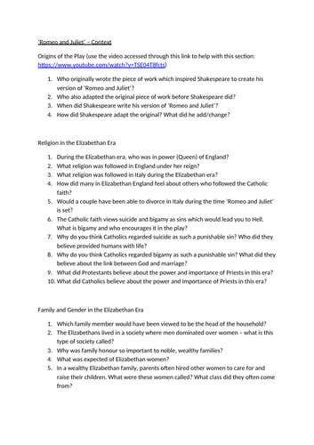 'Romeo and Juliet' - Act 1 Worksheets | Teaching Resources
