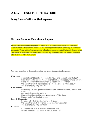 A Level English Literature King Lear Exam Questions | Teaching Resources