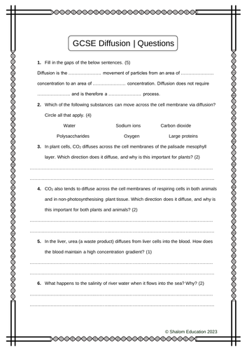 GCSE Biology - Diffusion Practice Questions | Teaching Resources