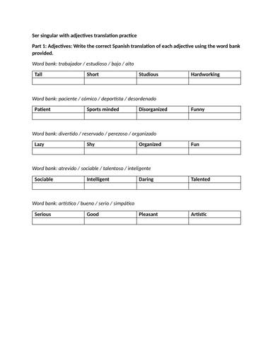 Ser singular with adjectives translation practice | Teaching Resources