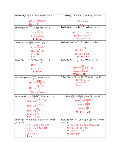 iGCSE Solving and Evaluating Functions Worksheet with Solutions ... iGCSE Solving and Evaluating Functions Worksheet with Solutions ...