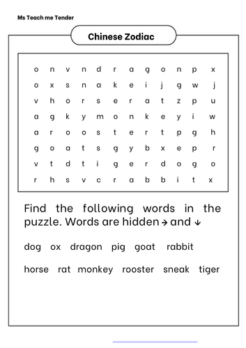 Chinese New Year 2024. Word Search Puzzle_Chinese Zodiac. | Teaching ...