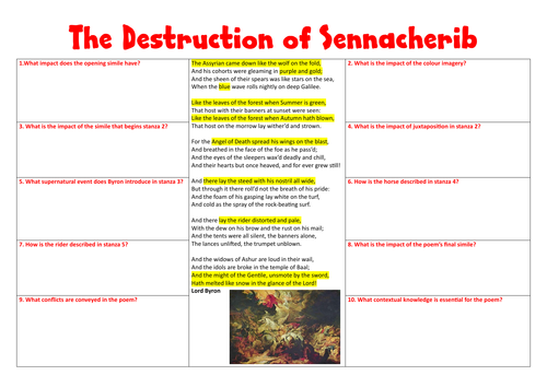 The Destruction of Sennacherib revision sheet | Teaching Resources