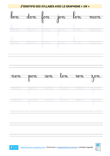 [French 2 free pages] Graphème ON : écriture cursive. Feuilles de ...