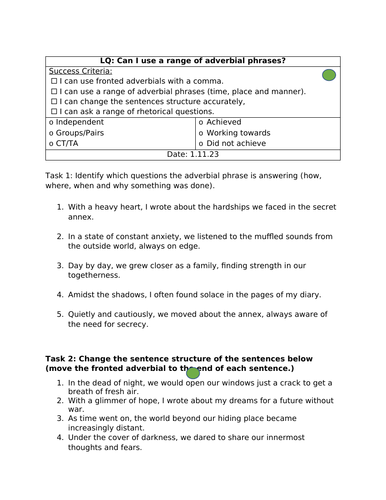 Year 6 Anne Frank English planning 11 lessons **Slides use smartnote ...