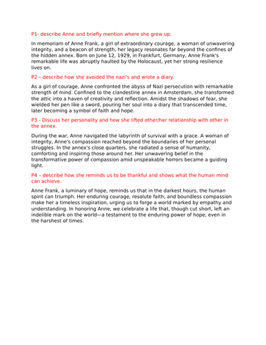 Year 6 Anne Frank English planning 11 lessons **Slides use smartnote ...