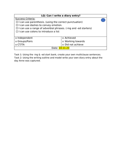 Year 6 Anne Frank English planning 11 lessons **Slides use smartnote ...