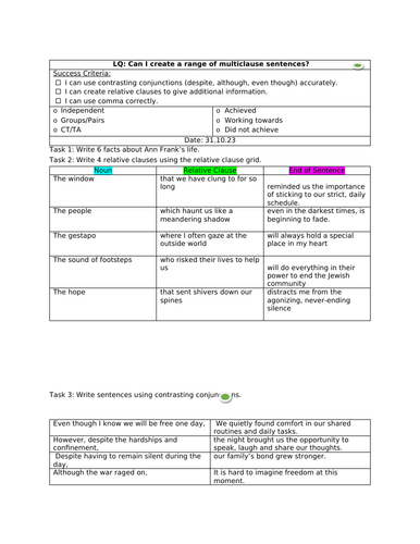 Year 6 Anne Frank English planning 11 lessons **Slides use smartnote ...