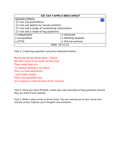 Year 6 Anne Frank English planning 11 lessons **Slides use smartnote ...