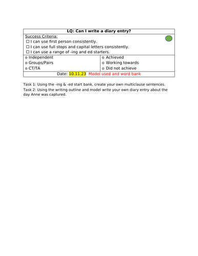 Year 6 Anne Frank English planning 11 lessons **Slides use smartnote ...
