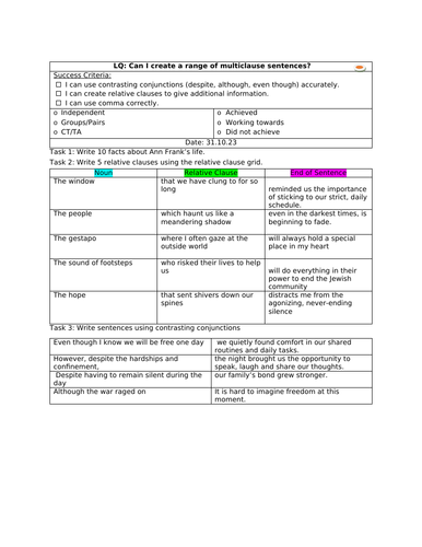 Year 6 Anne Frank English planning 11 lessons **Slides use smartnote ...