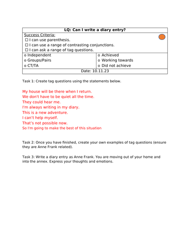 Year 6 Anne Frank English planning 11 lessons **Slides use smartnote ...