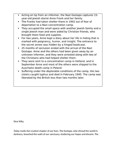 Year 6 Anne Frank English planning 11 lessons **Slides use smartnote ...