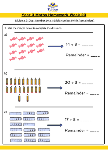Year 3 - Divide a 2-Digit Number by a 1-Digit Number (With Remainders) | Teaching Resources