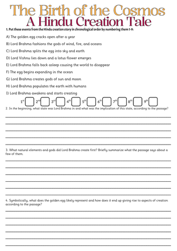 Hindu Creation Reading Comprehension | Teaching Resources