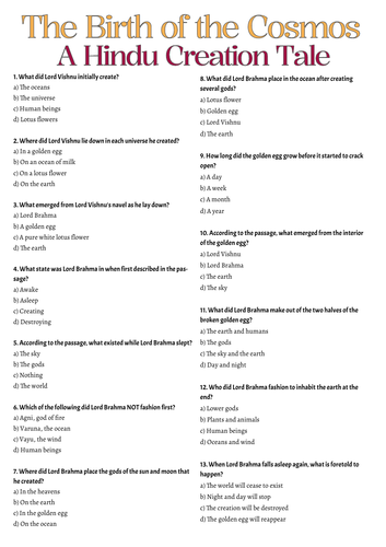 Hindu Creation Reading Comprehension | Teaching Resources