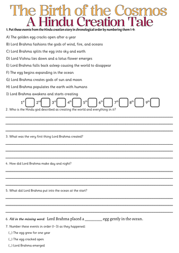 Hindu Creation Reading Comprehension | Teaching Resources