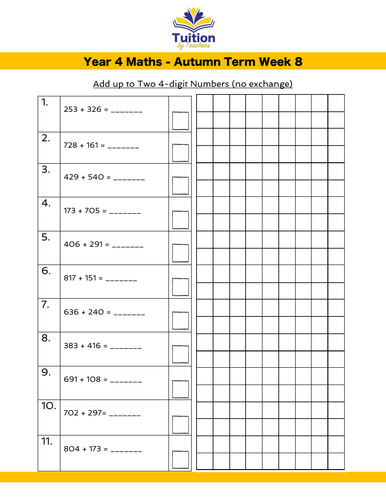 Year 4 - Add up to two 4-digit numbers - no exchange | Teaching Resources