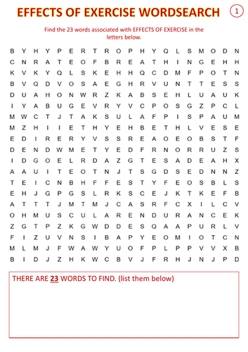 AQA GCSE PE EFFECTS OF EXERCISE WORDSEARCHS | Teaching Resources