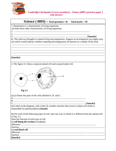 Cambridge Checkpoint ( Lower secondary) -Science(0893) - paper 1 with ...