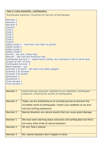 Year 4 Earthquake explorers assembly script | Teaching Resources