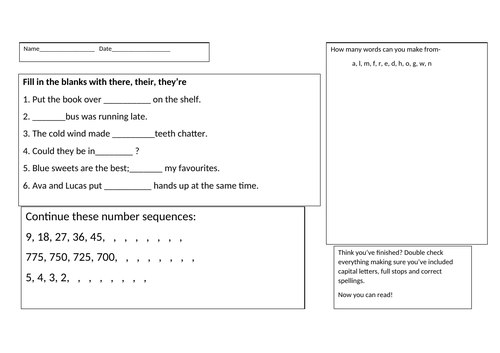 Independent morning tasks- Year 4 | Teaching Resources