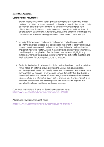 Economics - Theme 1 - Essay Style Questions - Ceteris Paribus Assumptions | Teaching Resources