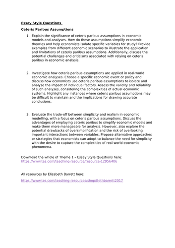 Economics - Theme 1 - Essay Style Questions - Ceteris Paribus Assumptions | Teaching Resources