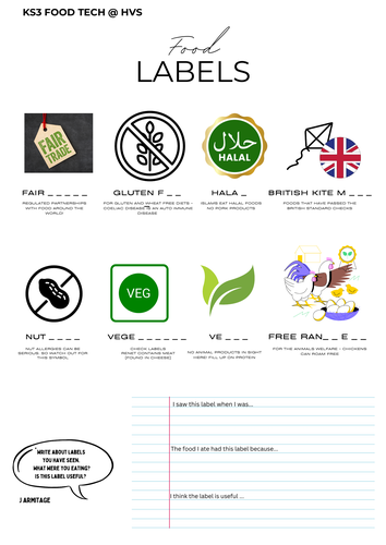 Food Technology Special Diet Labels KS3 Worksheet | Teaching Resources