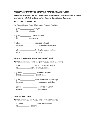 Irregular preterit tiny conversations practice (I, U, J stem verbs ...
