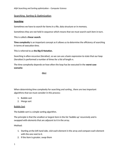 AQA A Level Computer Science Searching & Sorting Handout | Teaching ... AQA A Level Computer Science Searching & Sorting Handout | Teaching ...